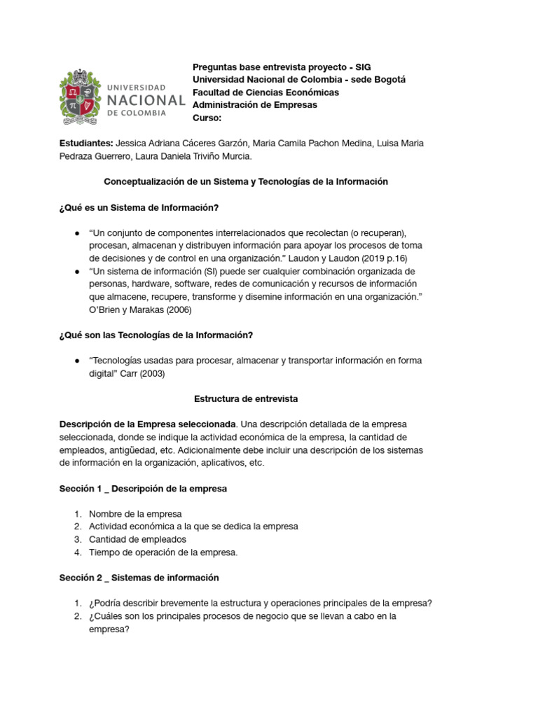 Preguntas Entrevista Proyecto SIG | PDF | Gestión de la información | Internet