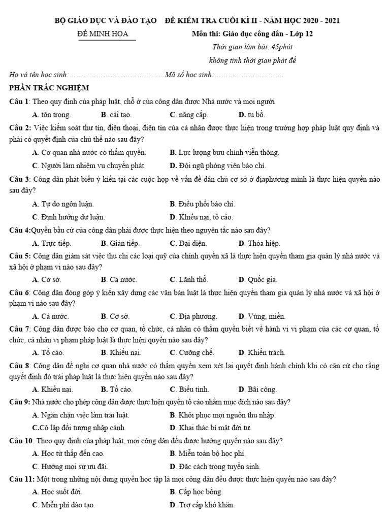 De Kiem Tra Cuoi Ki Ii | PDF