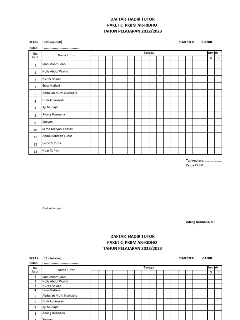Daftar Hadir Tutor Paket C 2022/2023 | PDF