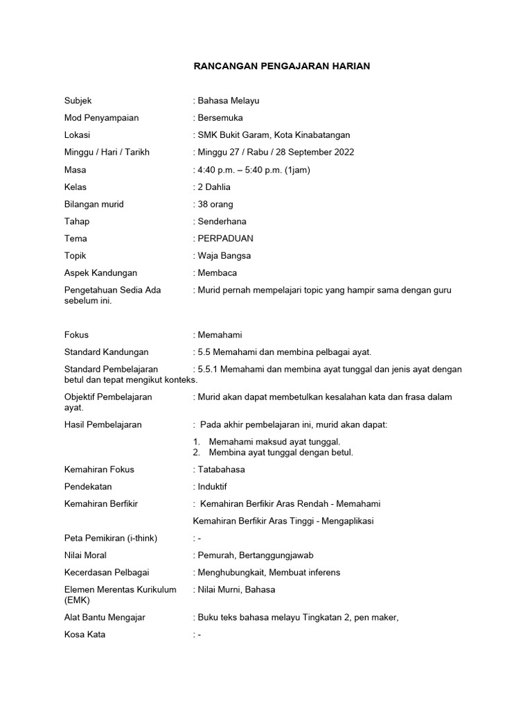 RPH BAHASA MELAYU TINGKATAN 2D (RABU) | PDF