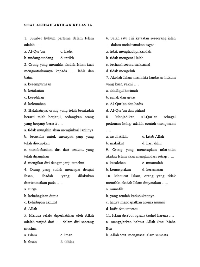 Soal Akidah Akhlak Kelas 1a | PDF | Agama & Spiritualitas