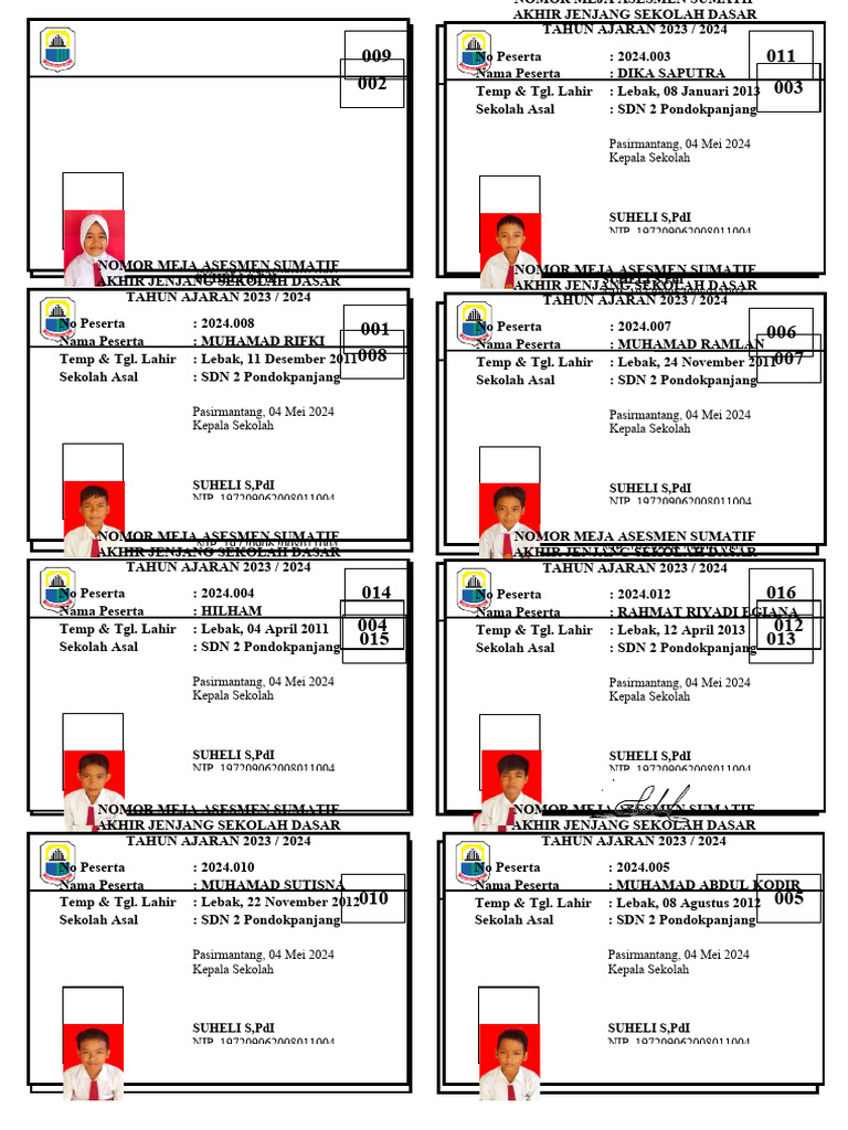 Nomor Meja Ujian Sekolah Dasar 2024 | PDF