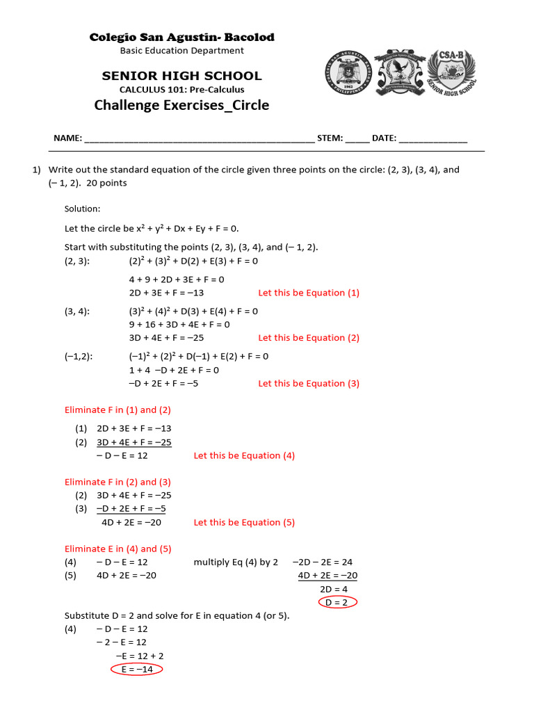 Pre Calculus - Circle Worksheet With Answers | PDF | Equations ...
