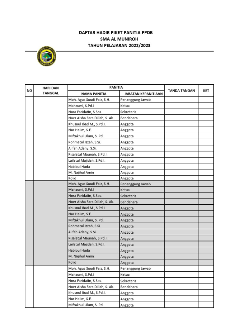 Daftar Hadir Piket Panitia PPDB | PDF