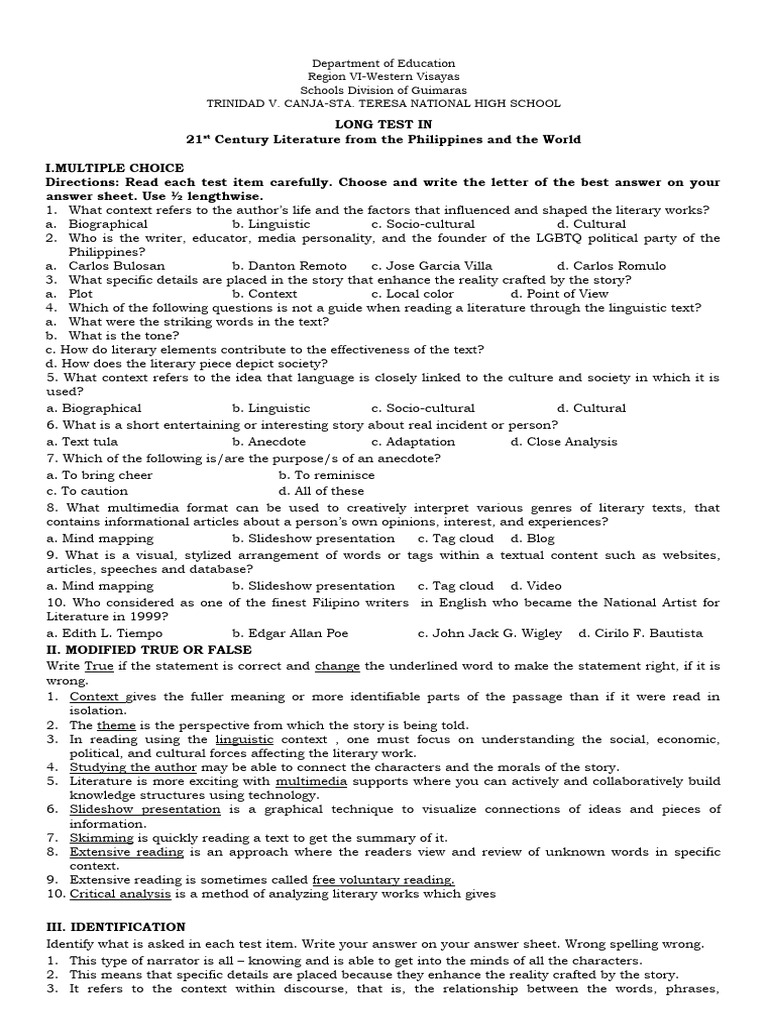 21st Century Literature Long Test Guide | PDF | Digital Object ...