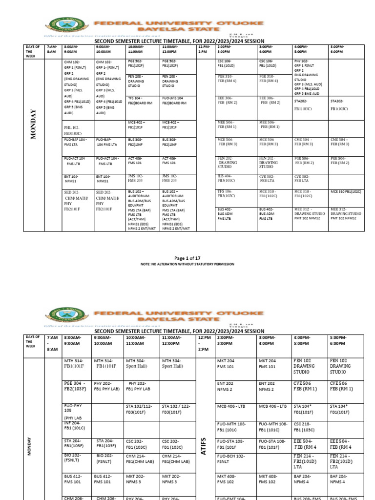 Second Semester Timetable | PDF