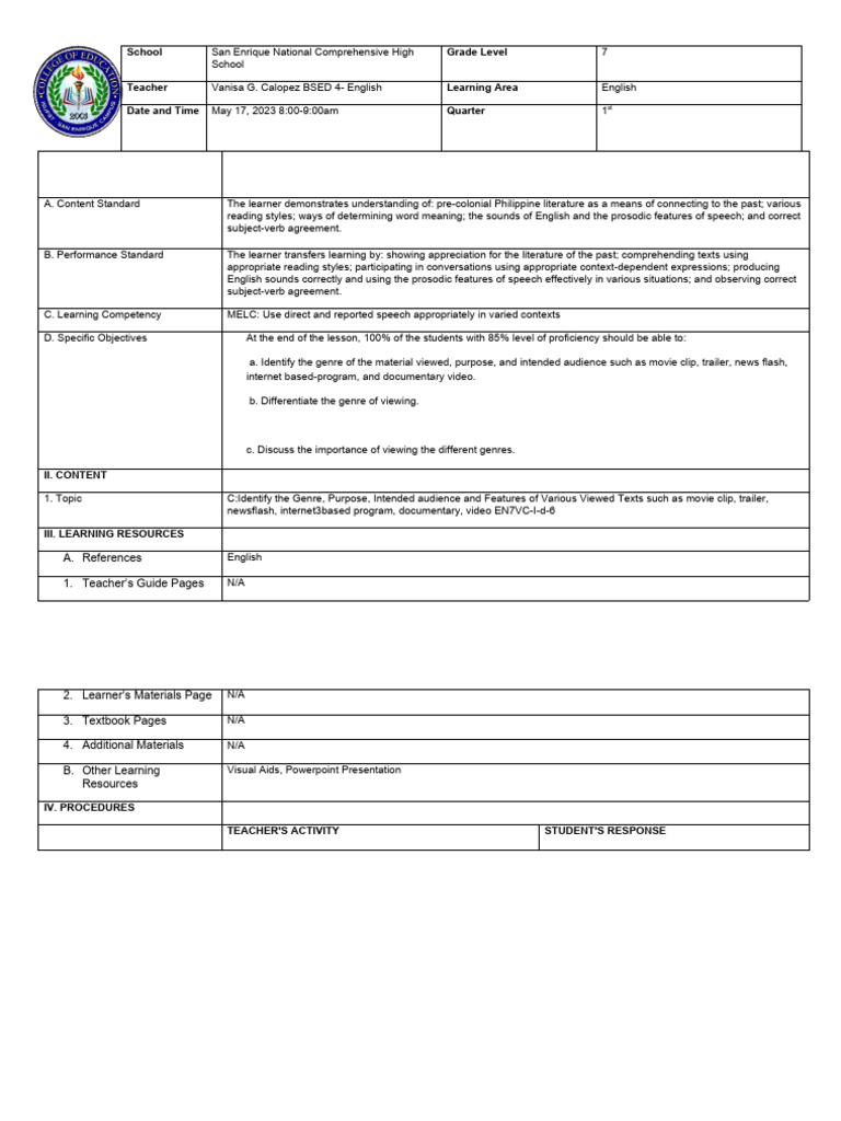 LESSON EXEMPLAR ENGLISH SAMPLE 2 Vanessa | PDF | Learning | Genre