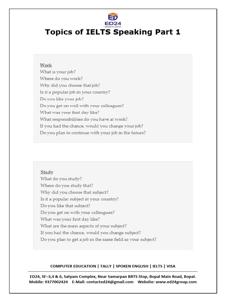 ED24 IELTS Speaking Task 1 Topics | PDF | Career & Growth | Business