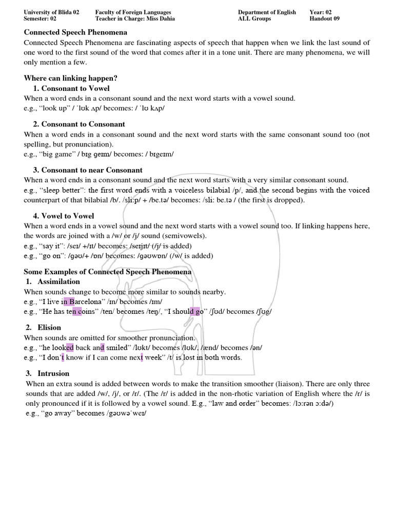 Handout 9 Connected Speech | PDF | Consonant | Oral Communication