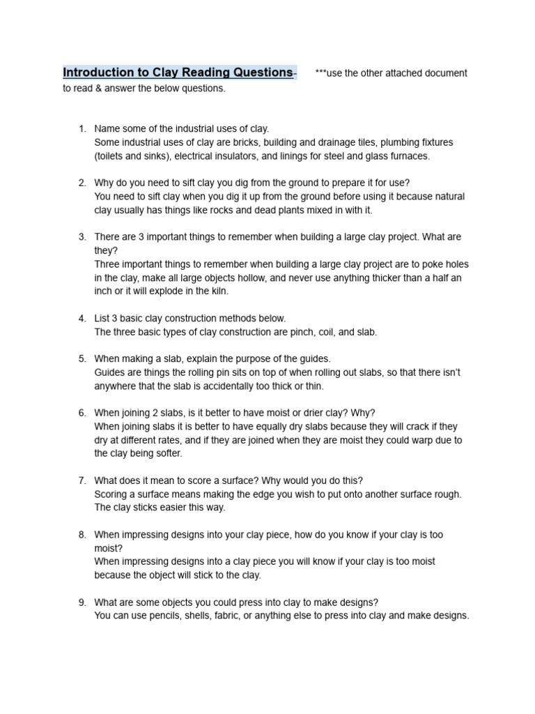 Juniper Marshall - Intro To Clay - Reading Questions 2023 | PDF ...
