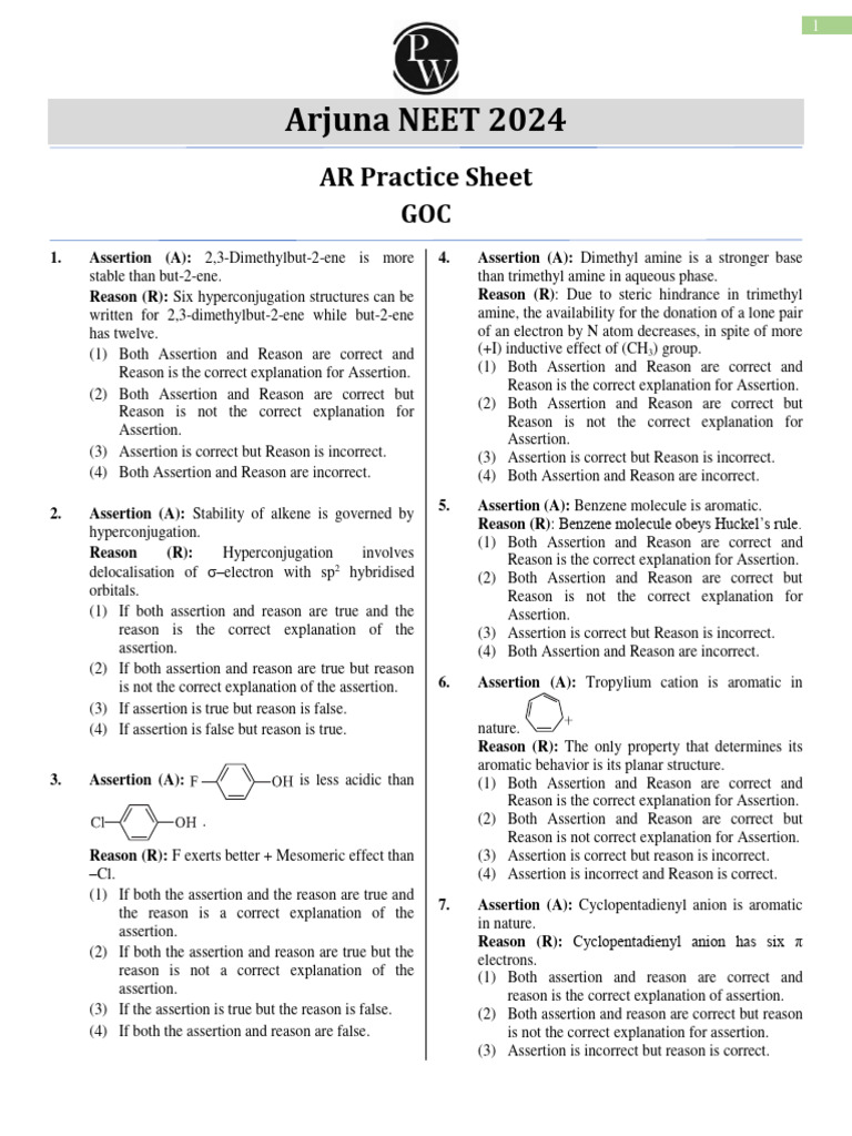 NEET 2024 GOC Practice Sheet | PDF | Aromaticity | Physical Sciences