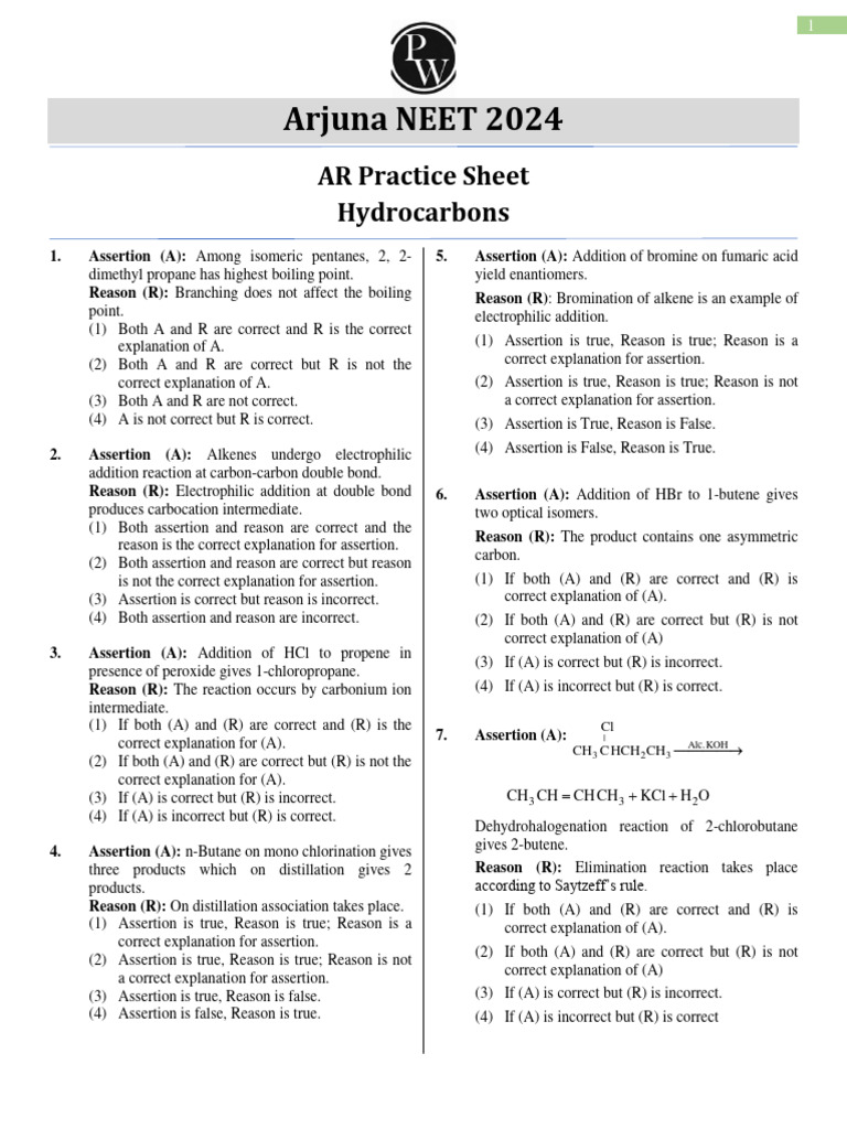AR Practice Sheet - Hydrocarbons - Arjuna NEET 2024 | PDF | Alkene | Alkane