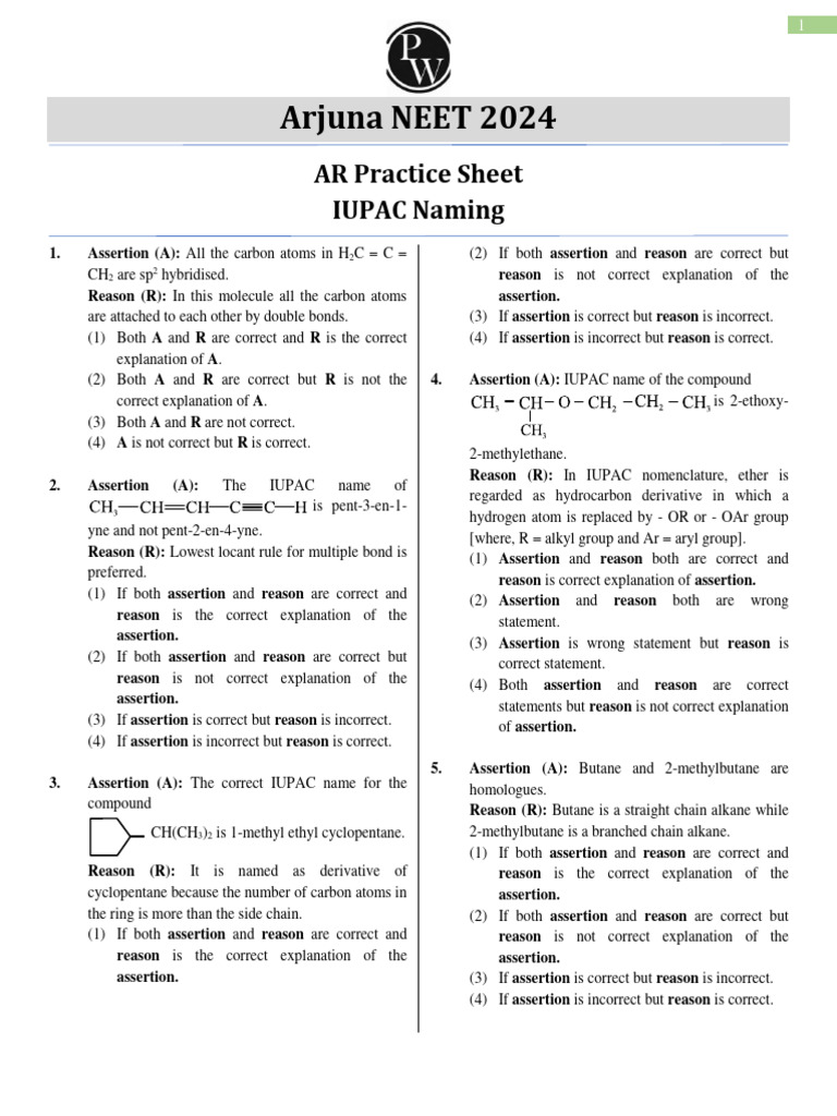 NEET 2024 IUPAC Naming Practice | PDF | Chemical Substances | Physical ...