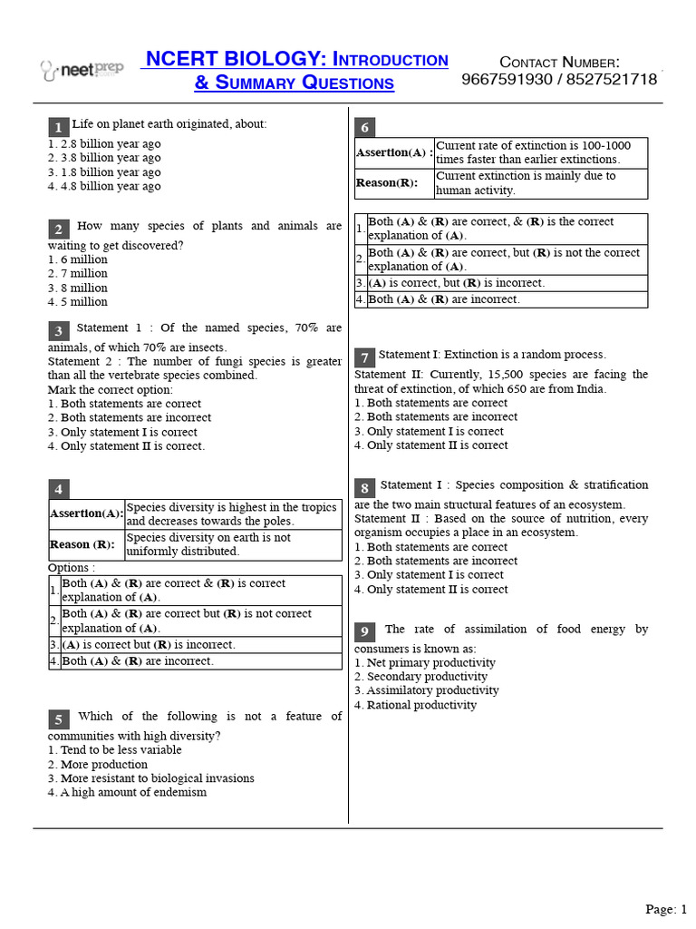 NCERT BIOLOGY - Introduction & Summary Questions | PDF | Meiosis | Cell ...