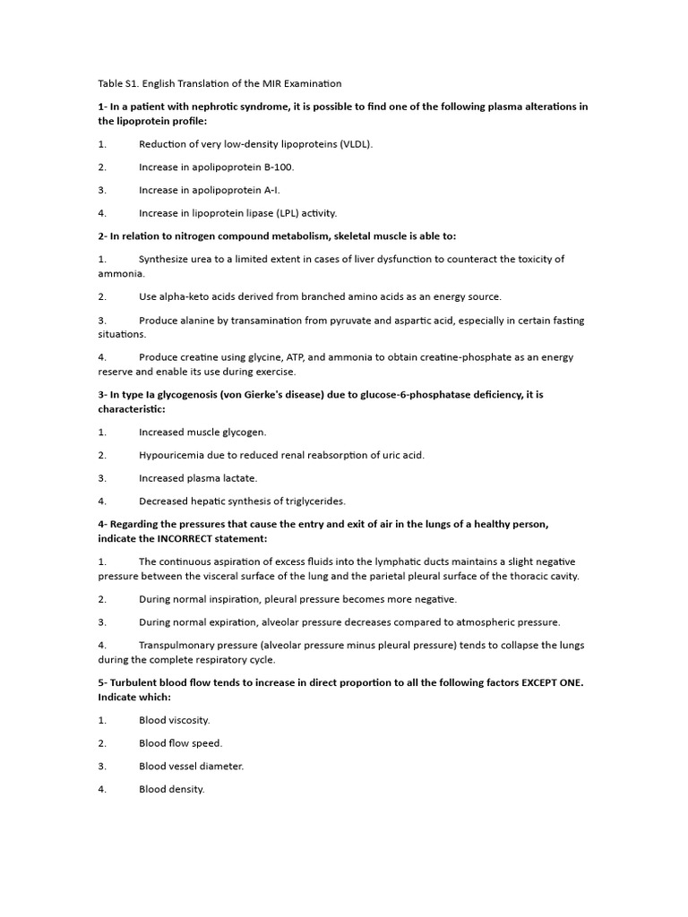 Table S1 English Translation of The MIR Examination | PDF | Lymphocyte ...
