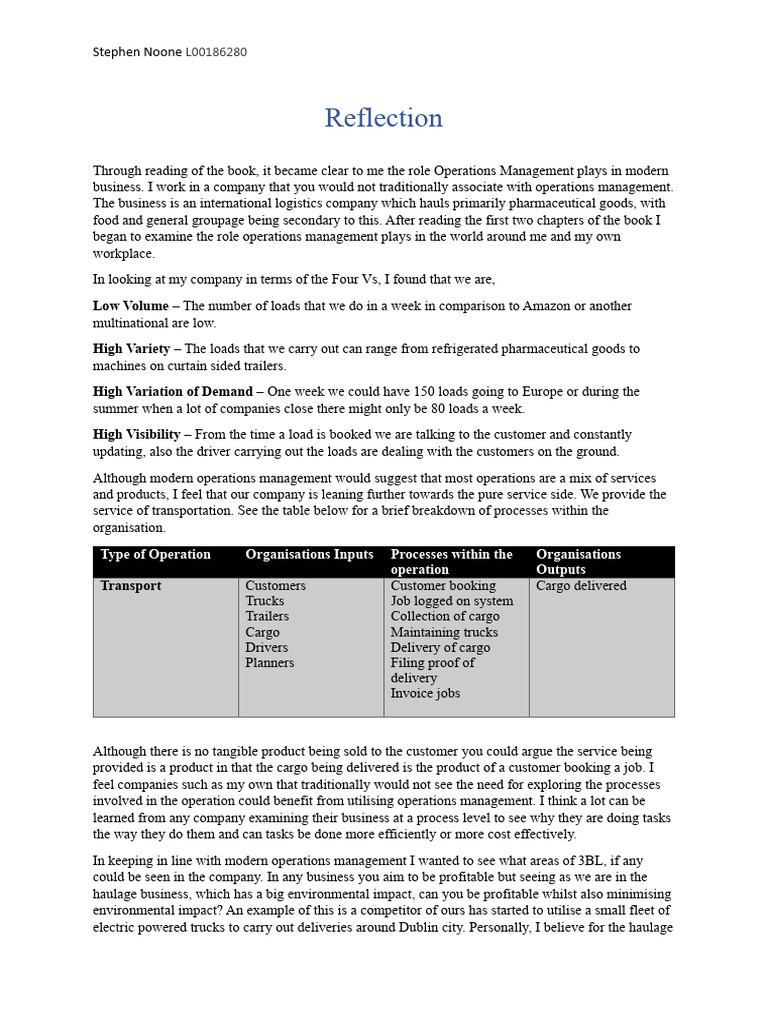 Operations Management Reflection | PDF | Operations Management | Cargo Operations Management Reflection | PDF | Operations Management | Cargo