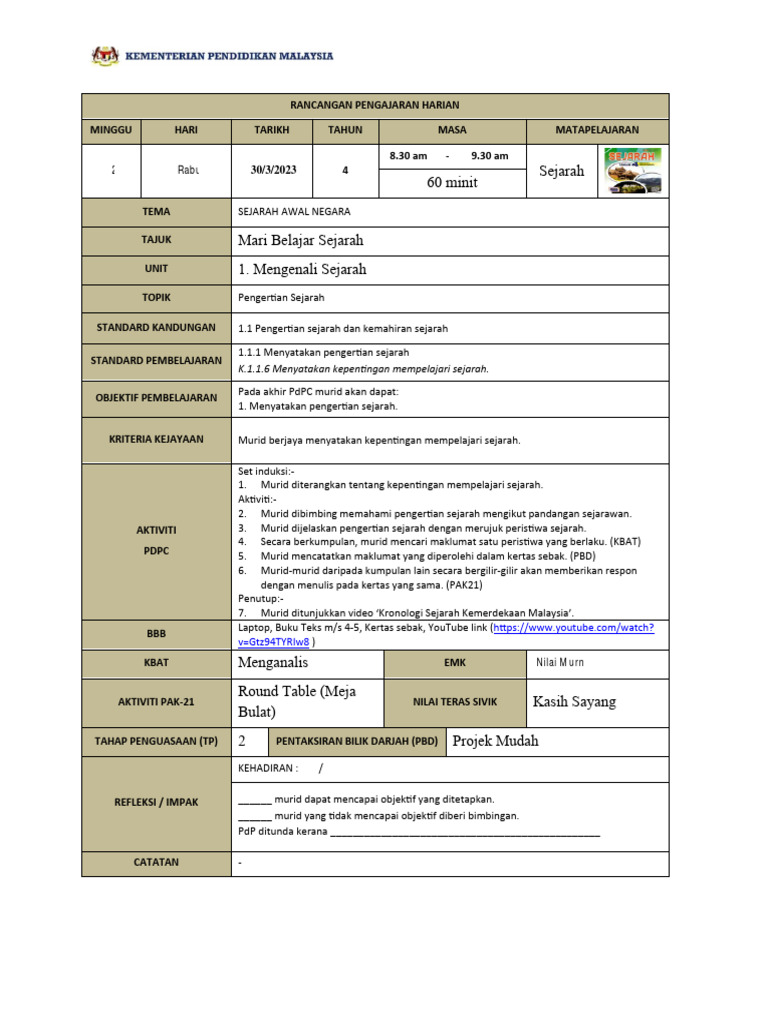 RPH1 Sejarah T4 | PDF
