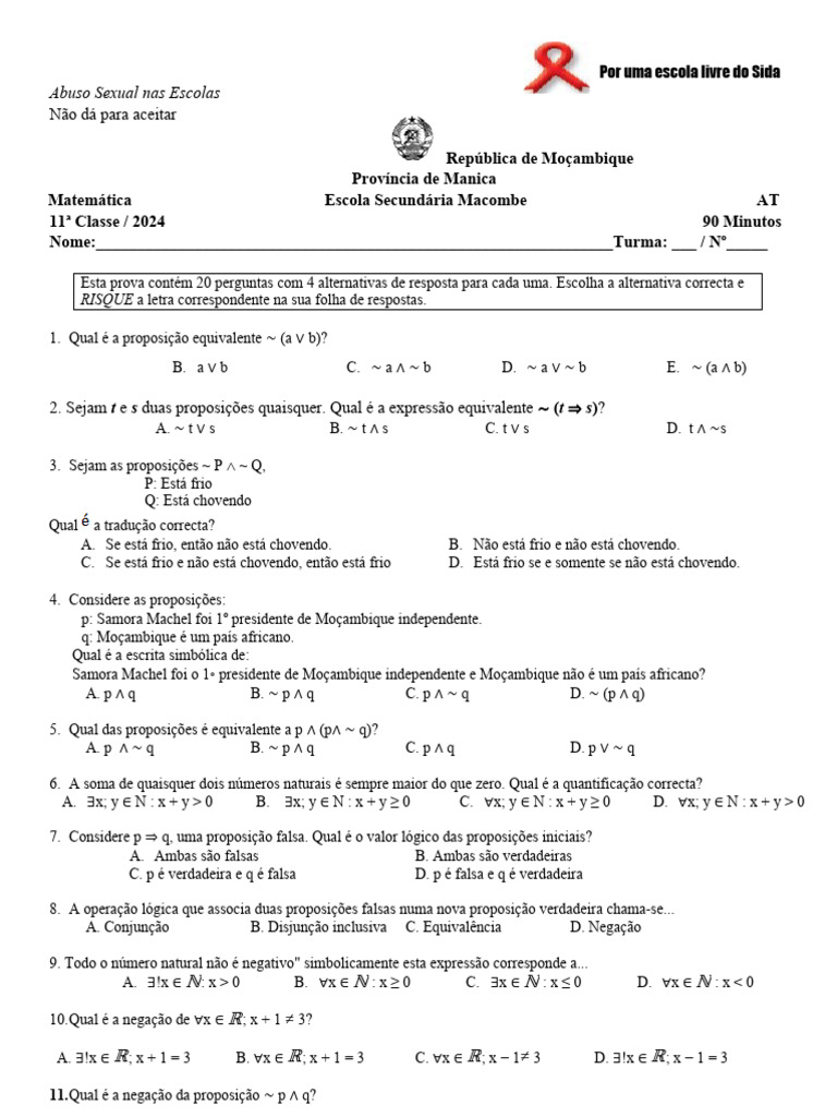 11 Classe Matematica at 2024 | PDF | Lógica matemática | Proposição