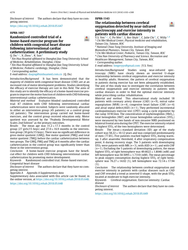 ISPR8-1143: E278 Posters (First Part) / Annals of Physical and Rehabilitation Medicine 61S (2018 ...