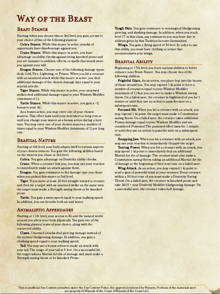 Monk Subclass-Way of The Beast | PDF