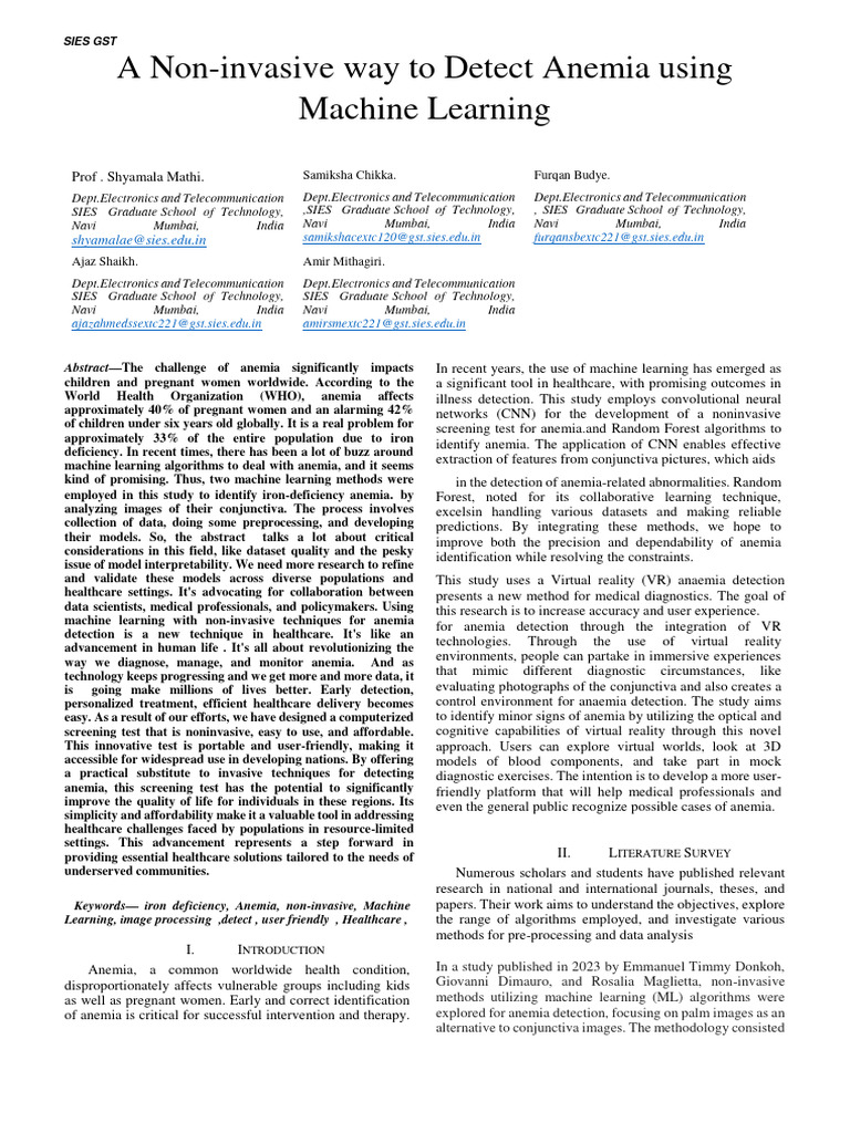 Non Invasive Way To Detect Anemia Using ML | Download Free PDF | Machine Learning | Virtual Reality