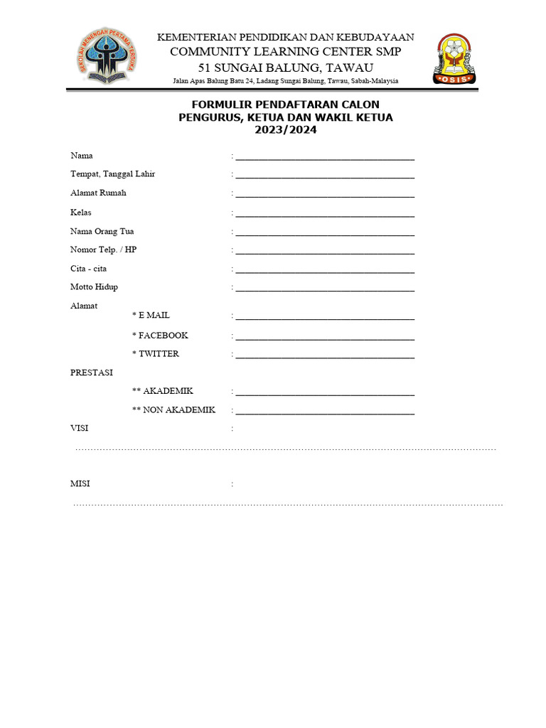 Formulir Pendaftaran Calon Pengurus OSIS | PDF Formulir Pendaftaran Calon Pengurus OSIS | PDF