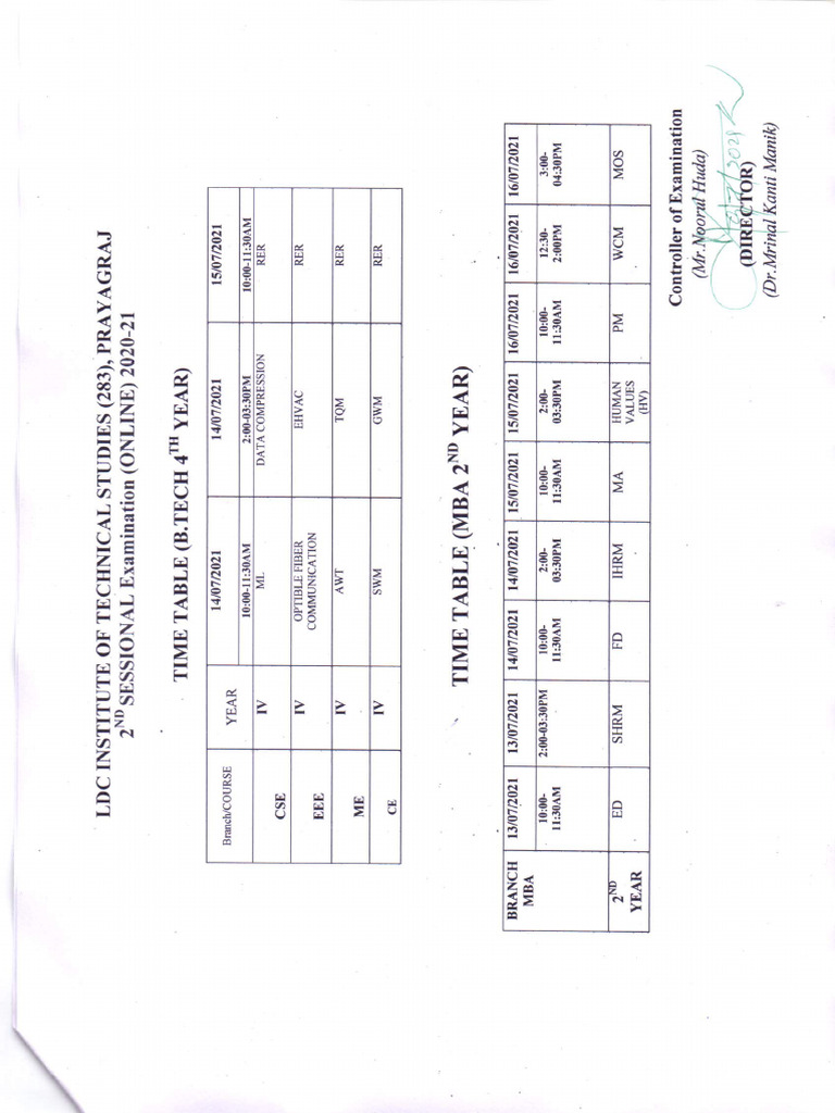 2nd Sessional Online Examination Time Table | PDF