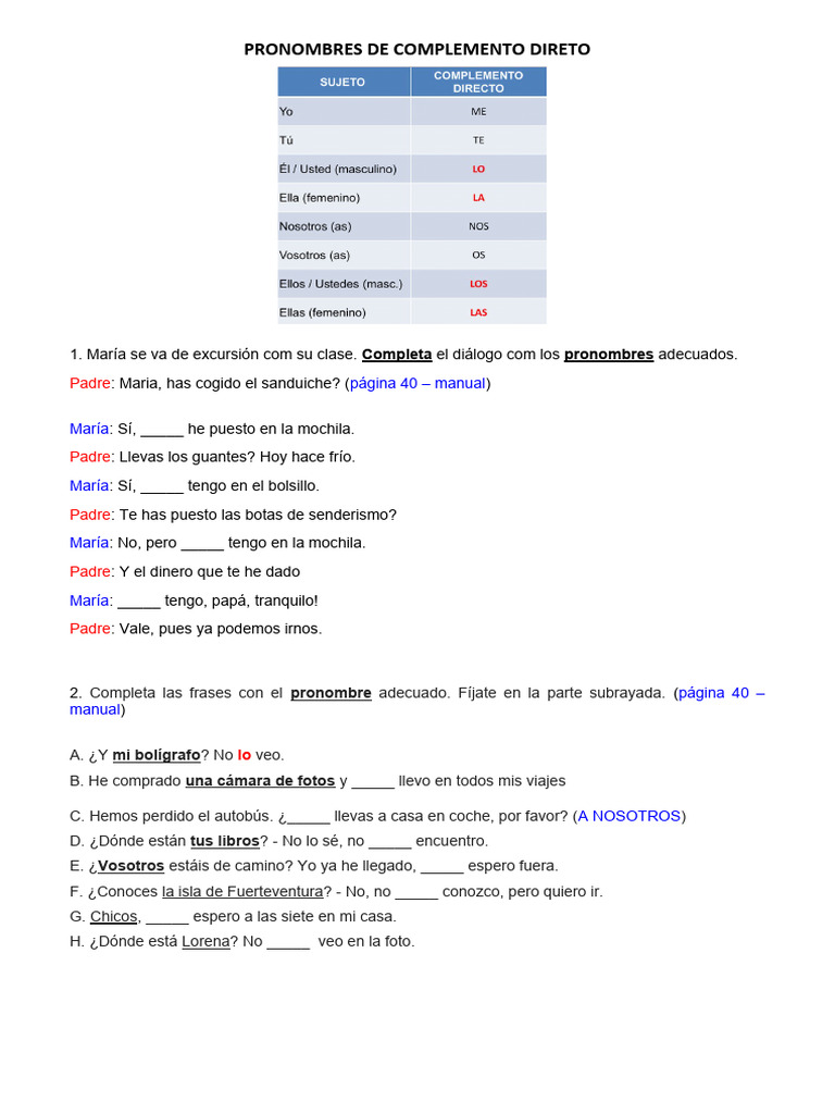 Pronombres de Complemento Direto | PDF
