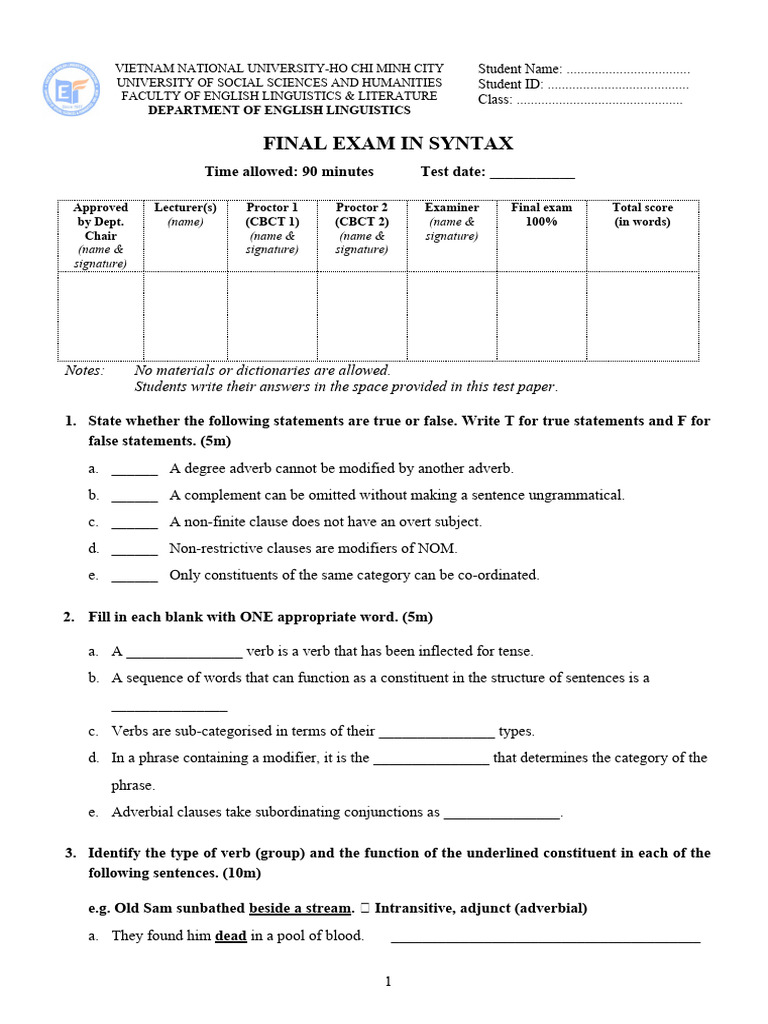 De Thi Syntax - CQ | PDF | Clause | Adverb