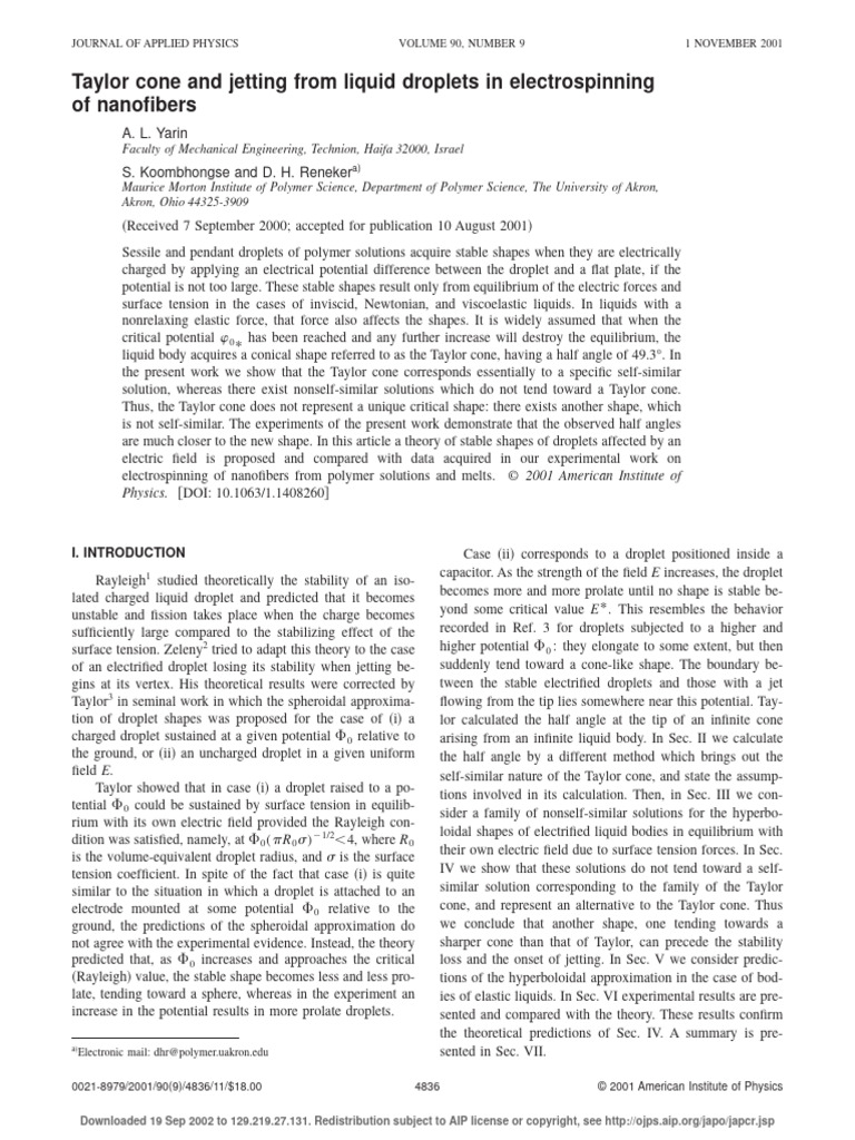 2001 Taylor Cone and Jetting From Liquid Droplets in Electrospinning of ...