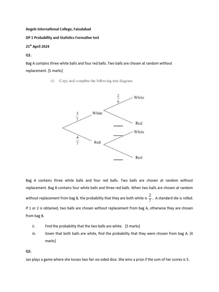 DP 1 Math Prob Test 25th April 2024 | PDF | Probability | Probability ...
