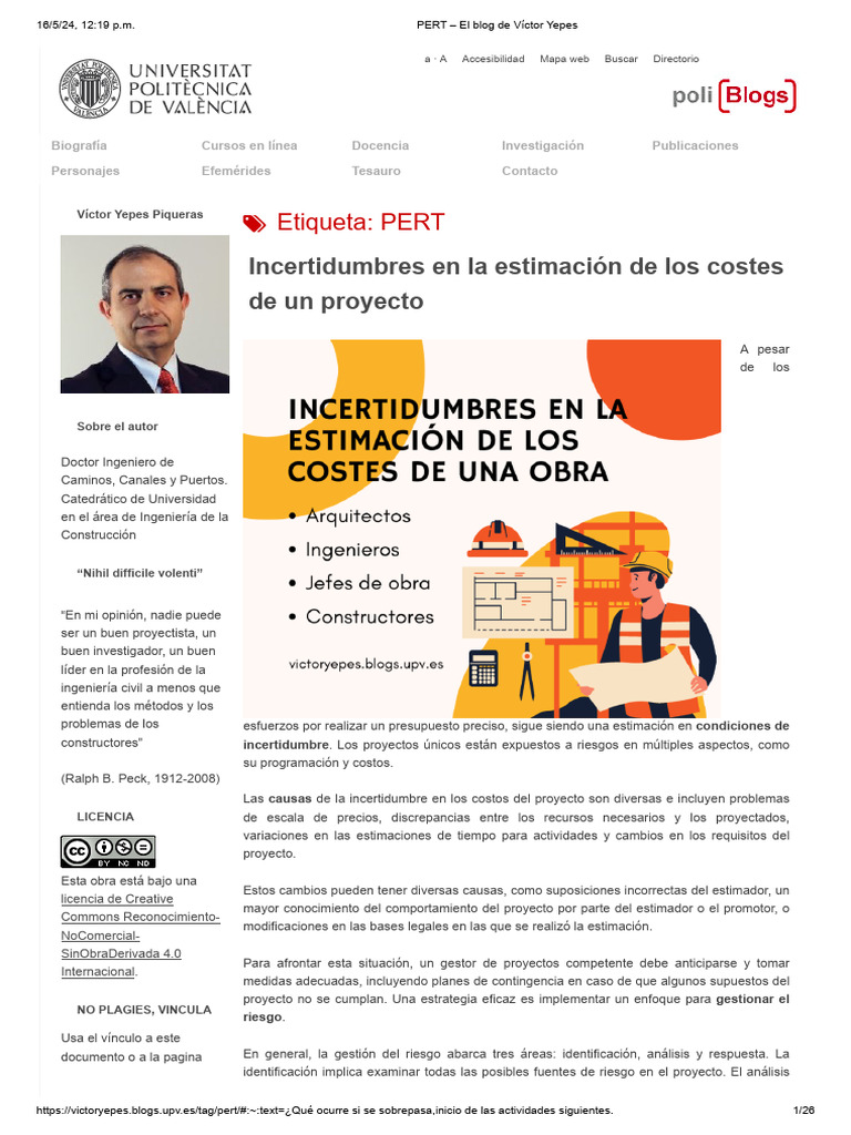 PERT - El Blog de Víctor Yepes Costos | PDF | Desviación Estándar | Gestión de proyectos