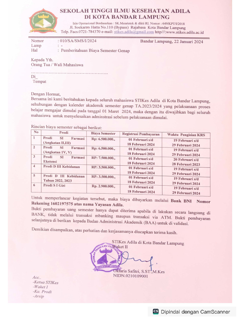 Surat Biaya Semester | PDF