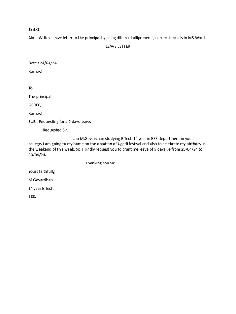 Leave Letter Format for Students | PDF | Language Arts & Discipline