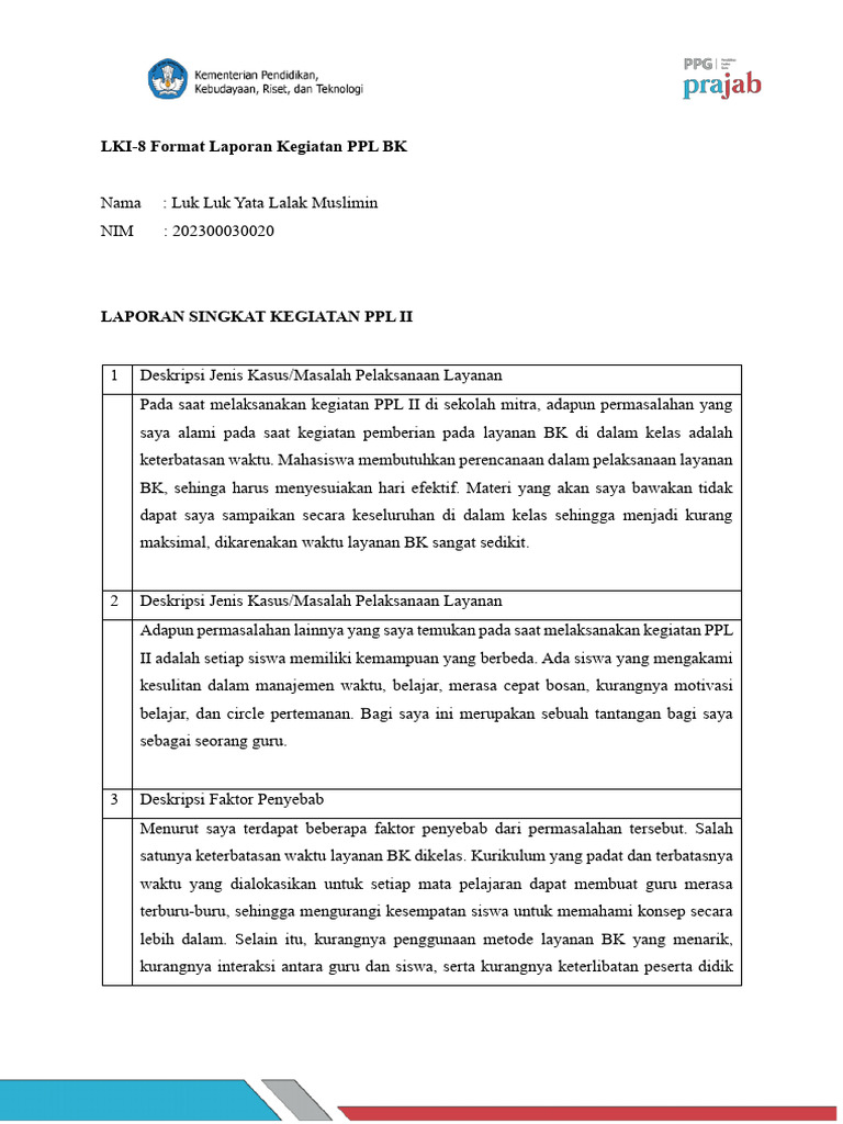 LKI-8 Format Laporan Kegiatan PPL BK - LUKLUK - PPLII | PDF