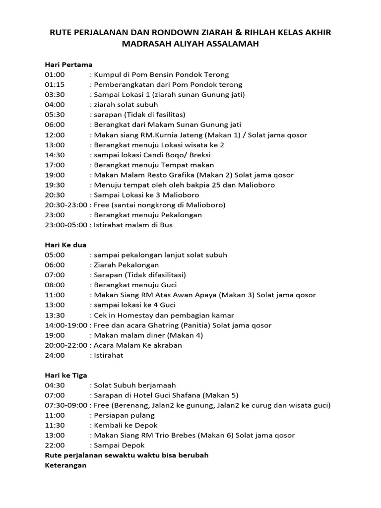 Itinerary Ziarah & Rihlah MA Assalamah 2024 | PDF