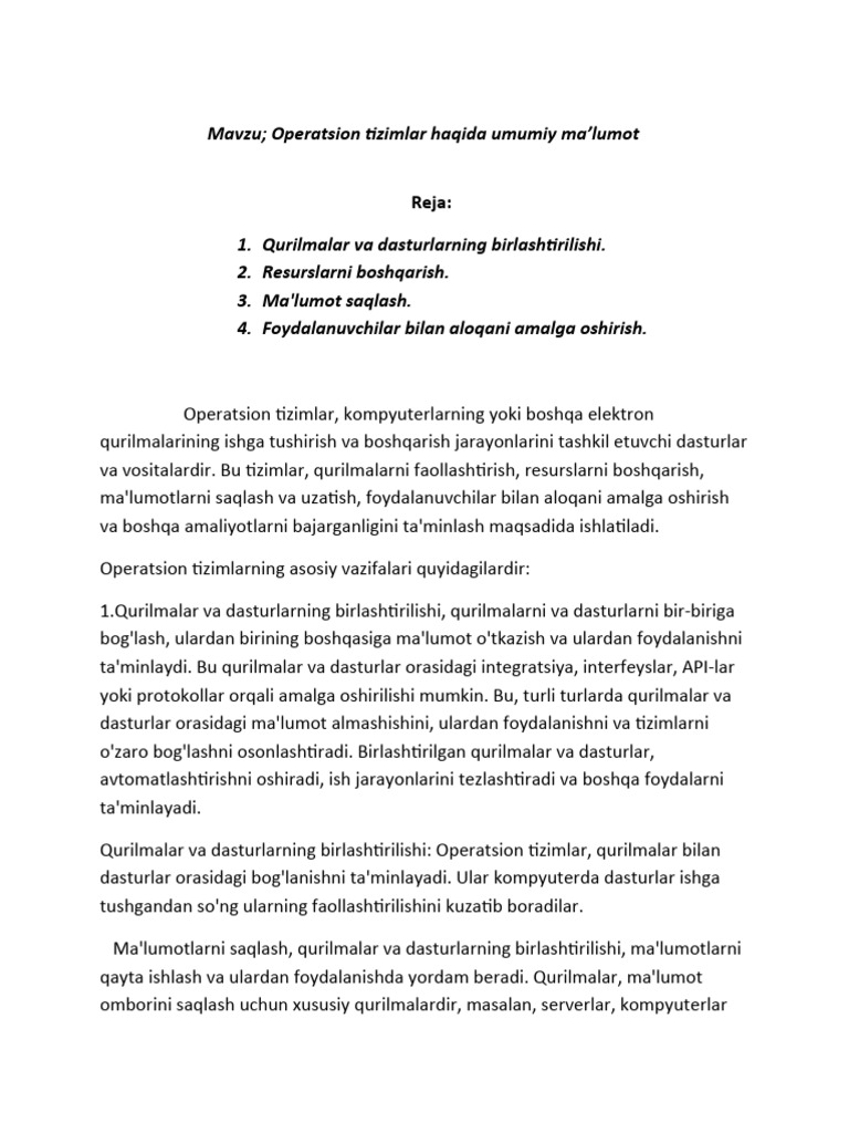 Mavzu Operatsion Tizimlar Haqida Umumiy Ma - Lumot | PDF