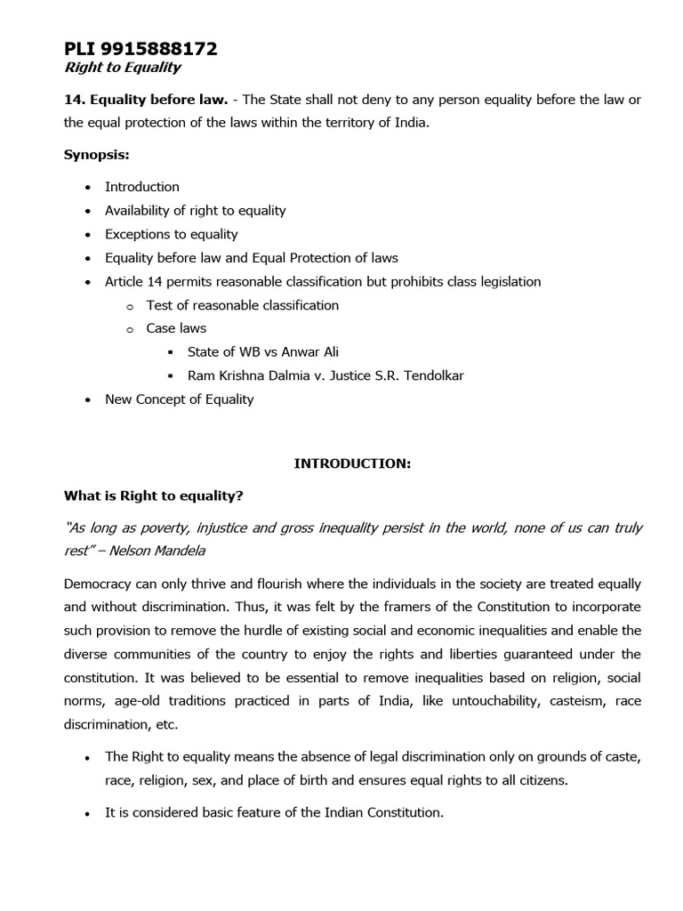 Right To Equality | PDF | Equal Protection Clause | Rule Of Law