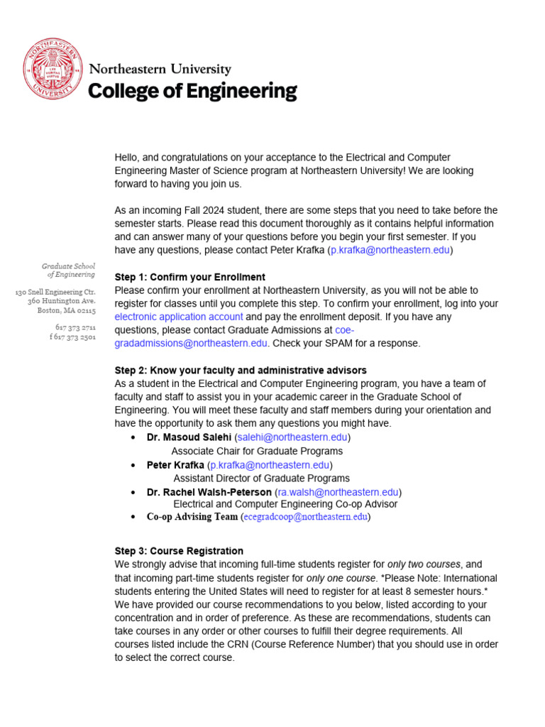 Northeastern ECE Enrollment Steps for Fall 2024 | PDF | Computer Engineering | Machine Learning