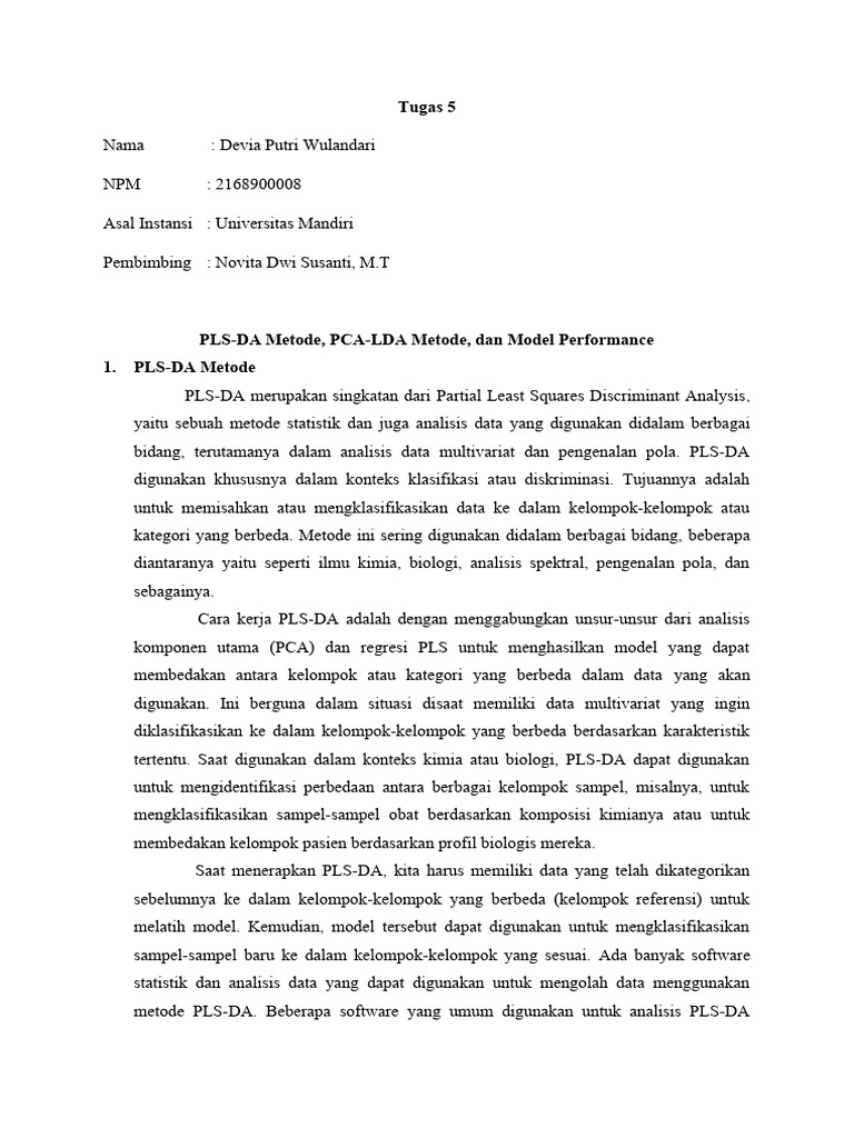 Tugas 5, PLS-DA Metode, PCA-LDA Metode Dan Model Performance | PDF | Komputer