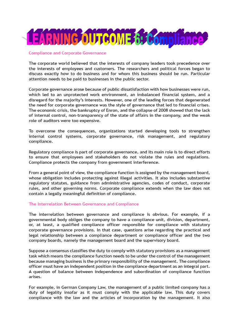 Learning Outcome 6 - Compliance - Study Notes | PDF | Regulatory ...