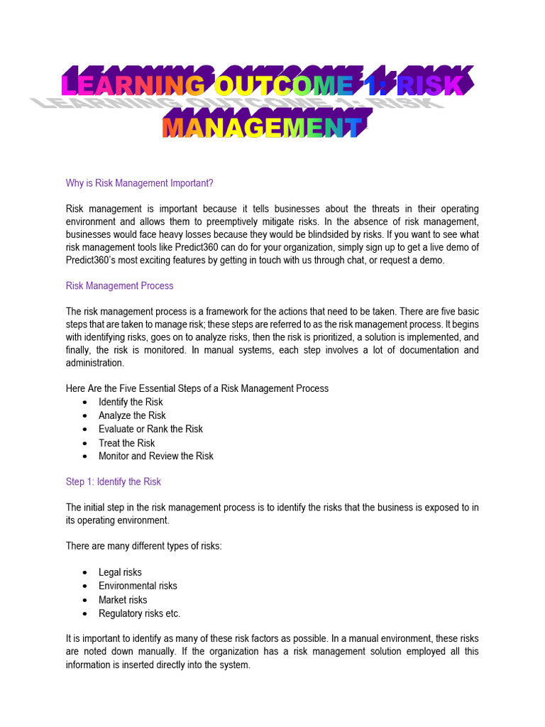 Learning Outcome 1 - Risk Management - Study Notes | PDF | Risk ...