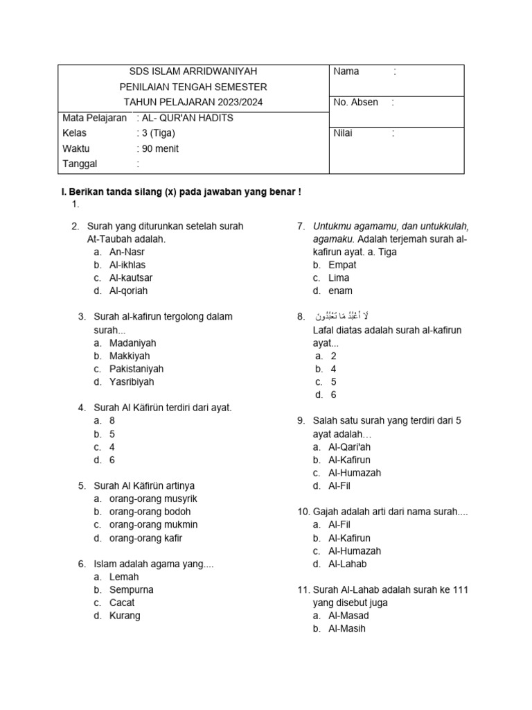 Soal Pts Kelas 3 Al-Qur'an Hadits | PDF