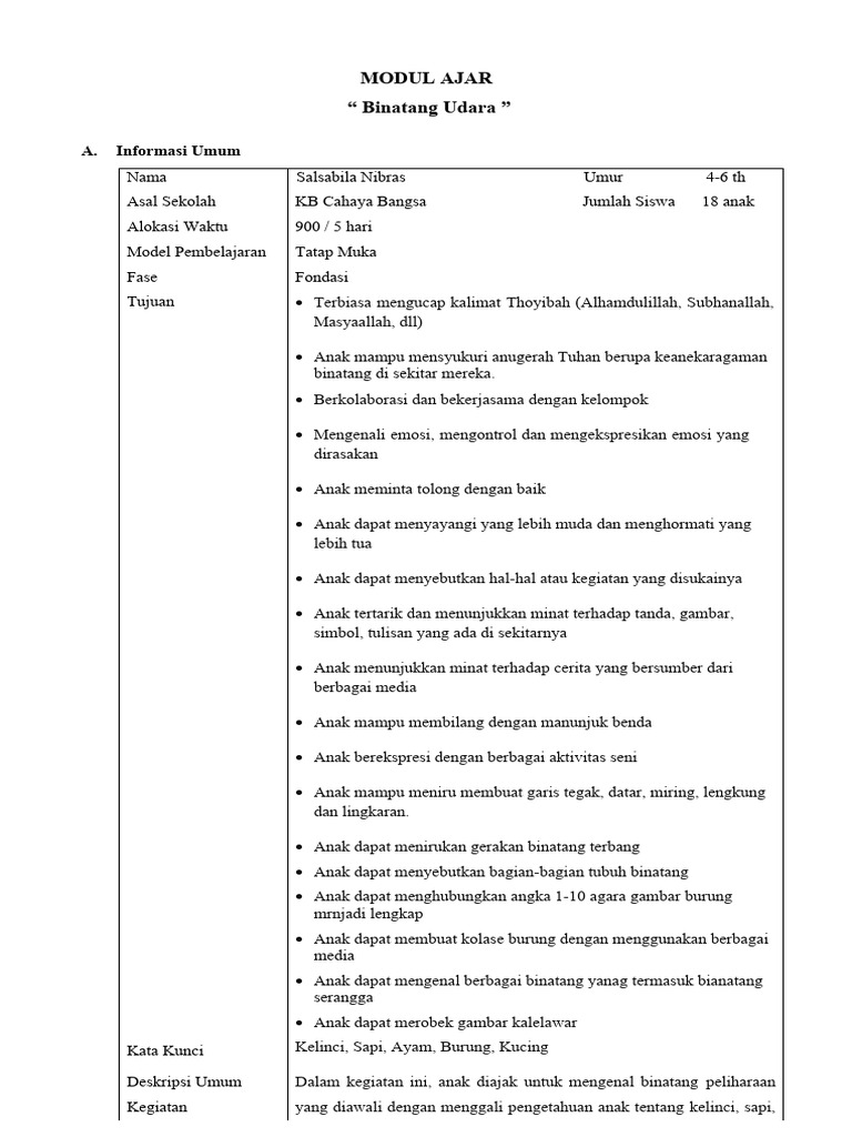 Modul Ajar Binatang Udara untuk TK | PDF