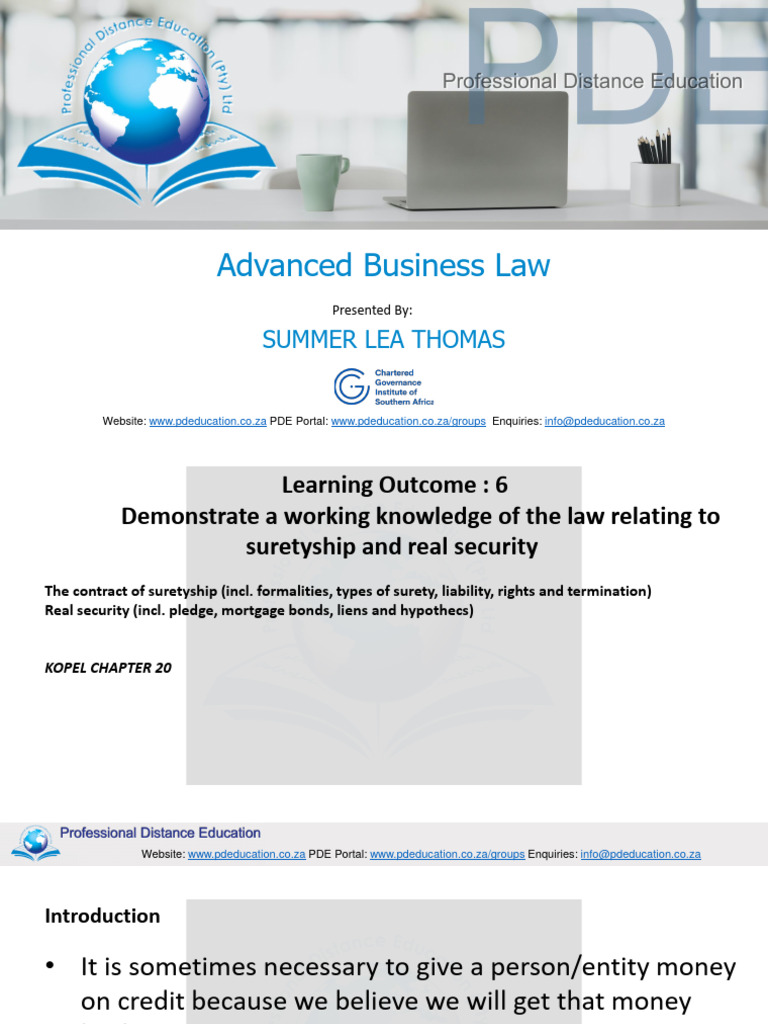 Advanced Business Law - Class Notes - Learning Outcome 6 | PDF | Surety ...