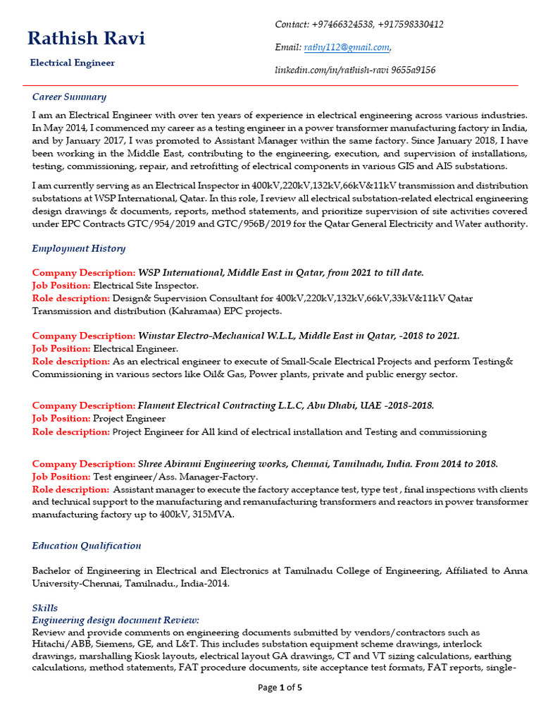 CV Rathish Electrical Engineer-1 | PDF | Electrical Substation ...