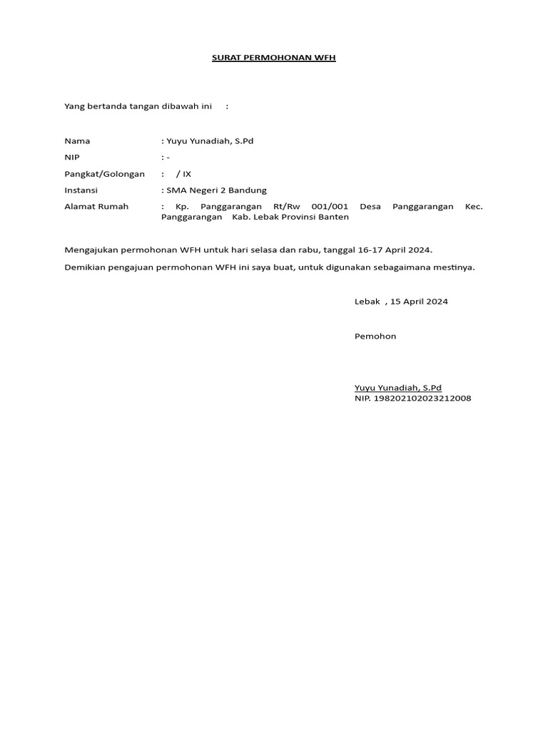 Surat Permohonan WFH 2 | PDF