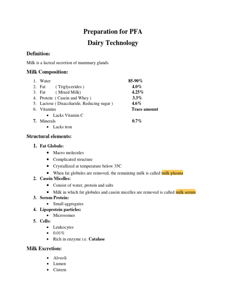 Short Key Notes of Dairy | PDF | Milk | Bacteria