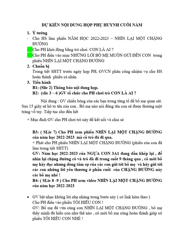 DỰ KIẾN NỘI DUNG HỌP PHỤ HUYNH | PDF