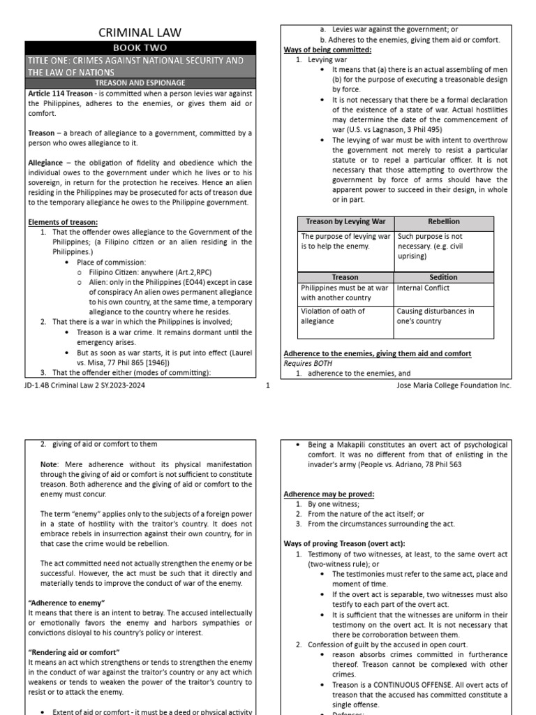 Crim 2 Title 1 Notes | PDF | Treason | Allegiance